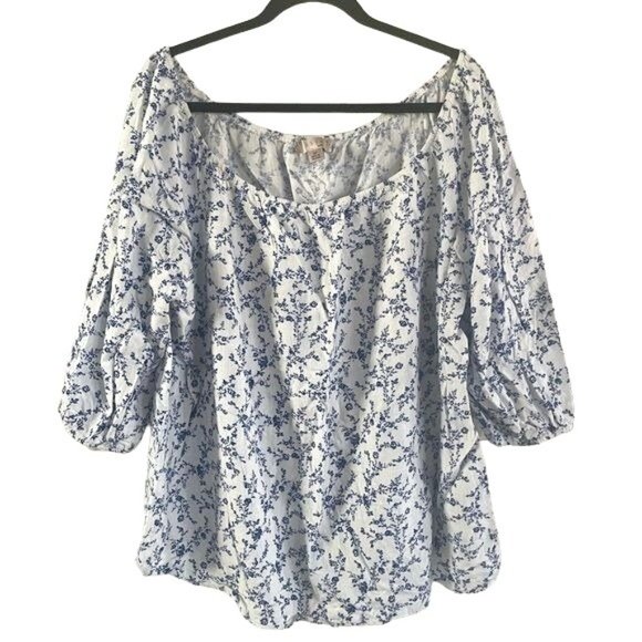 Misia | Tops | Misia Linen Blend 3x Plus Size Blue White Floral Top ...
